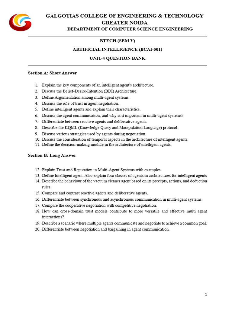 AI Unit-4 Question Bank | PDF