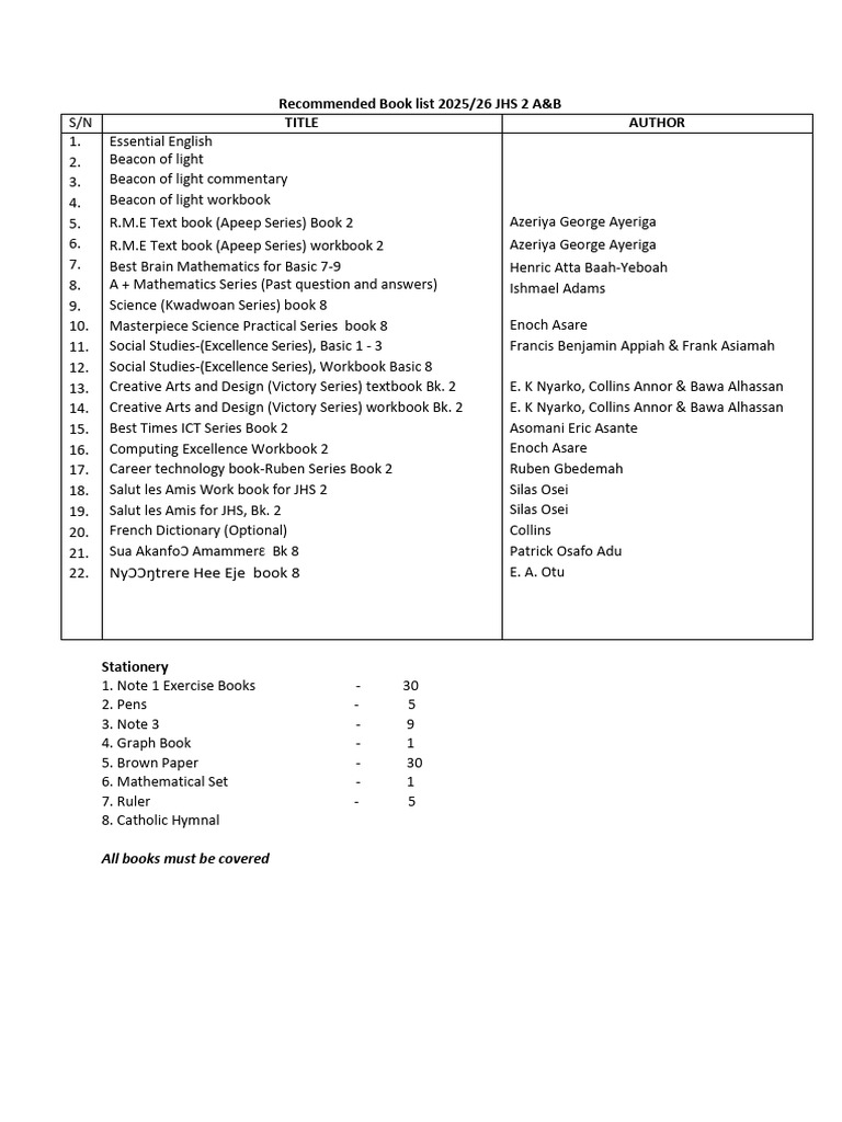 JHS 2 Recommended Books 2025/26 | PDF