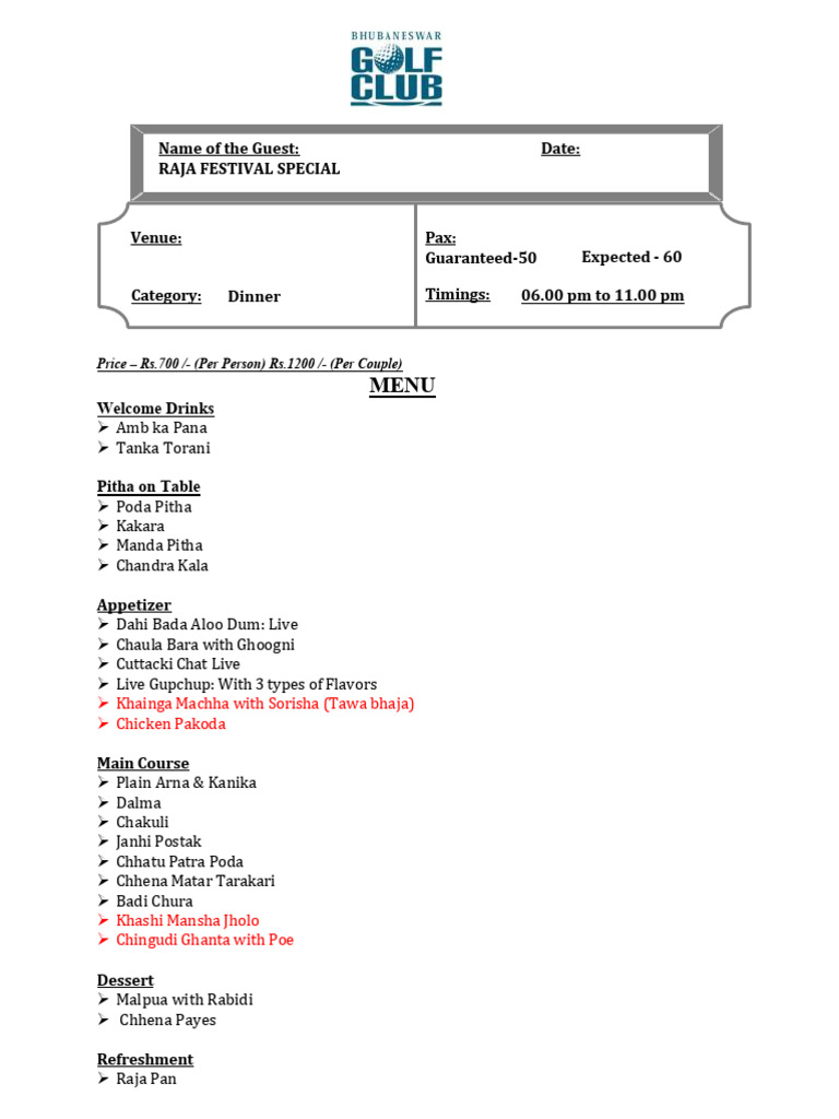 Odia Cuisine Menu for Raja Festival | PDF
