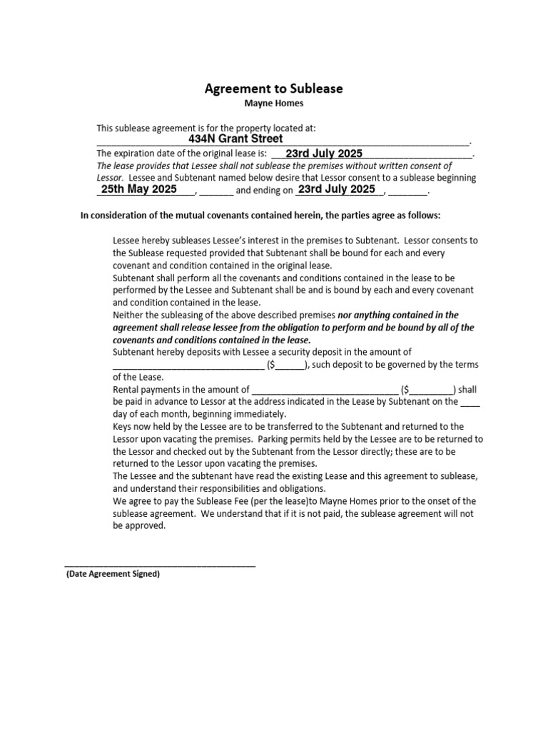 Sublease Agreement Template for Mayne Homes | PDF | Lease | Common Law