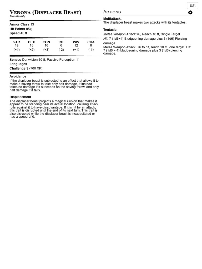 Displacer Beast Stats and Abilities | PDF