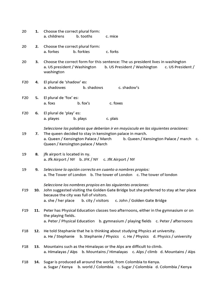 15900282-Proper Nouns, Plurals REVIEW TEST | PDF | Linguistic Morphology