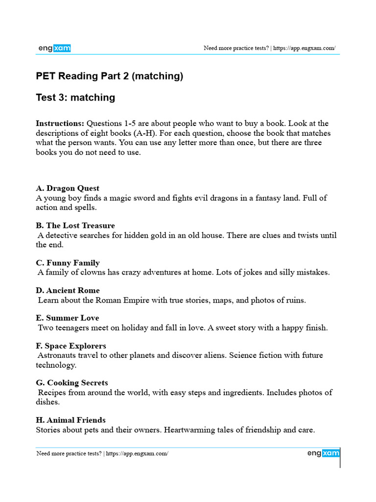 PET Reading Practice Test 3: Matching | PDF