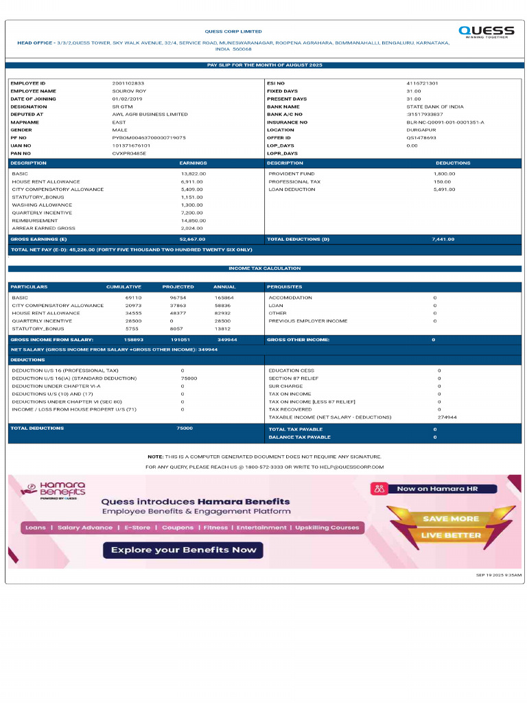 SOUROV - ROY - August 2025 - Salary Slip - August-2025-1 | PDF