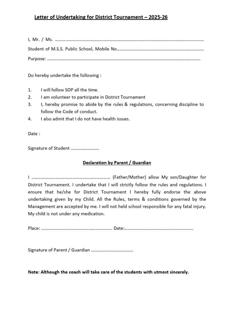 District Tournament Undertaking Letter 2025-26 | PDF
