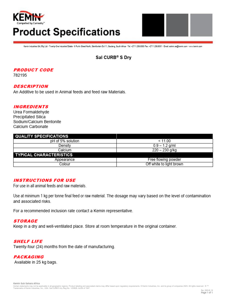 Sal CURB S Dry Feed Additive Details | PDF | Materials | Chemical ...