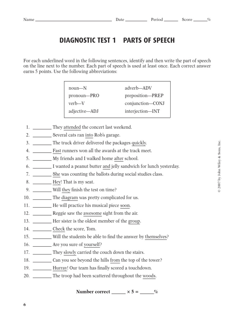 Parts of Speech Diagnostic Test | PDF | Part Of Speech | Verb