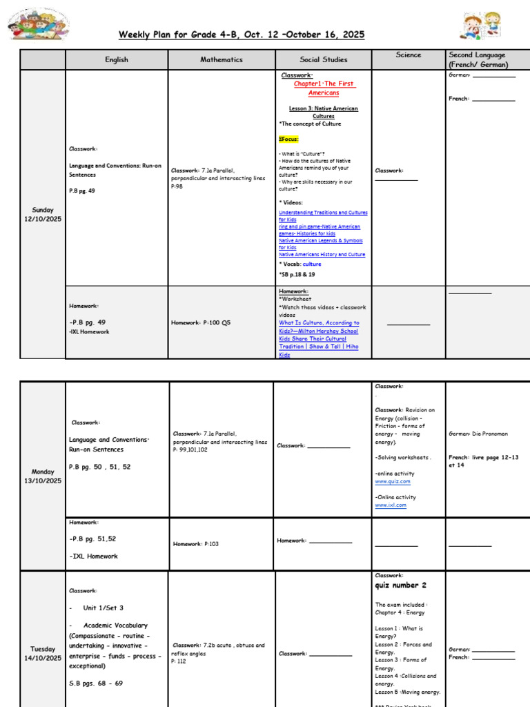 Grade 4-B Weekly Plan Week 5 (12 Oct. - 16 October) | PDF | Human ...