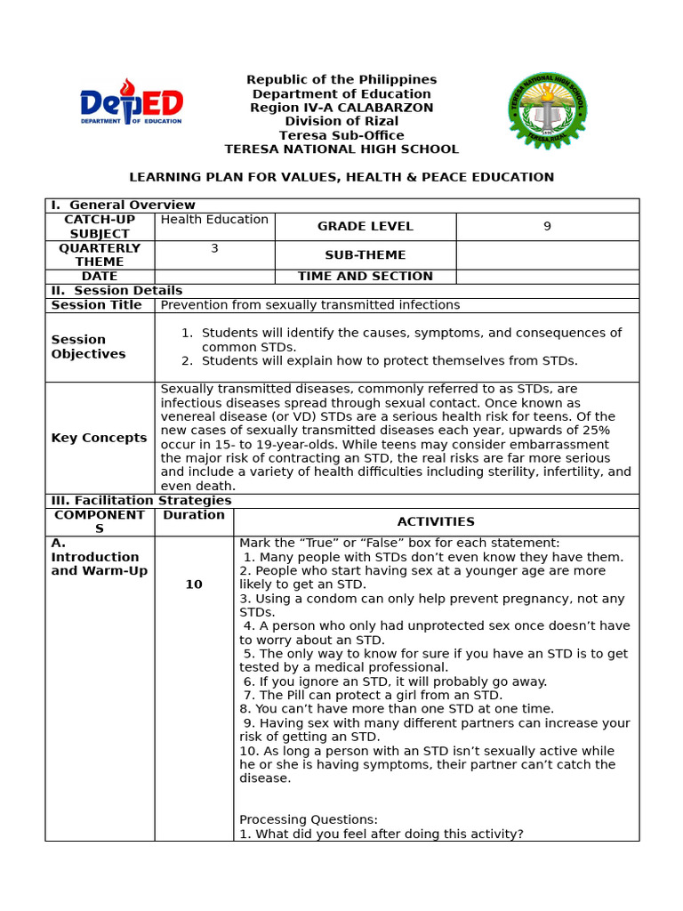STD Prevention Learning Plan for Teens | PDF | Sexually Transmitted ...