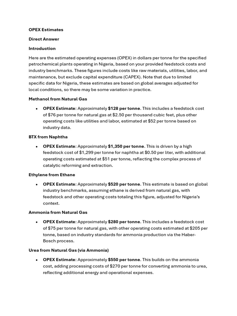 OPEX Estimates for Nigerian Petrochemicals | PDF | Natural Gas | Oil ...