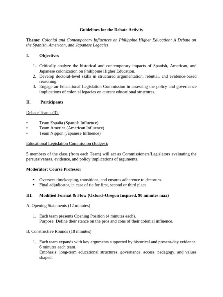 Final Guidelines For The Debate Activity | PDF | University | Curriculum