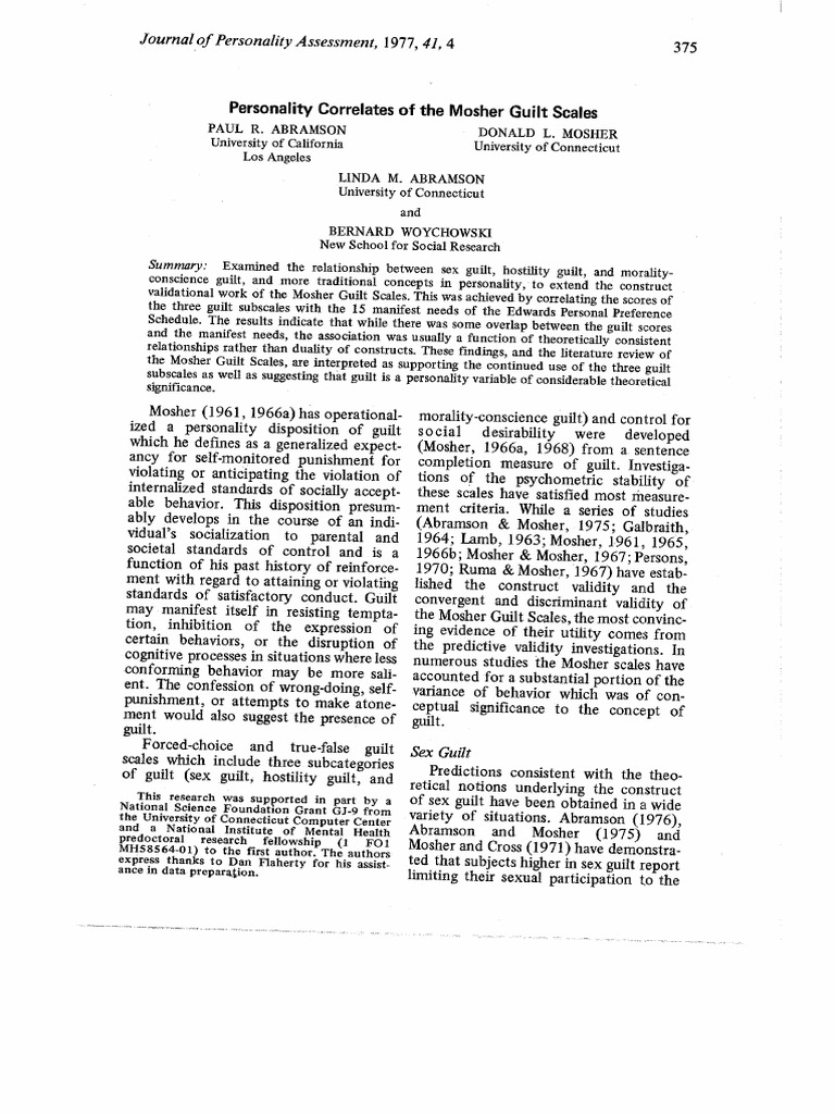 Abramson, Mosher, Abramson, Woychowski - Personality Correlates of ...