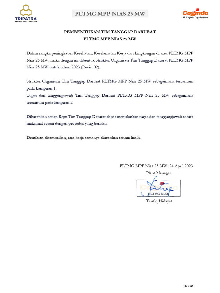 Tim Tanggap Darurat PLTMG MPP Nias 25 MW | PDF