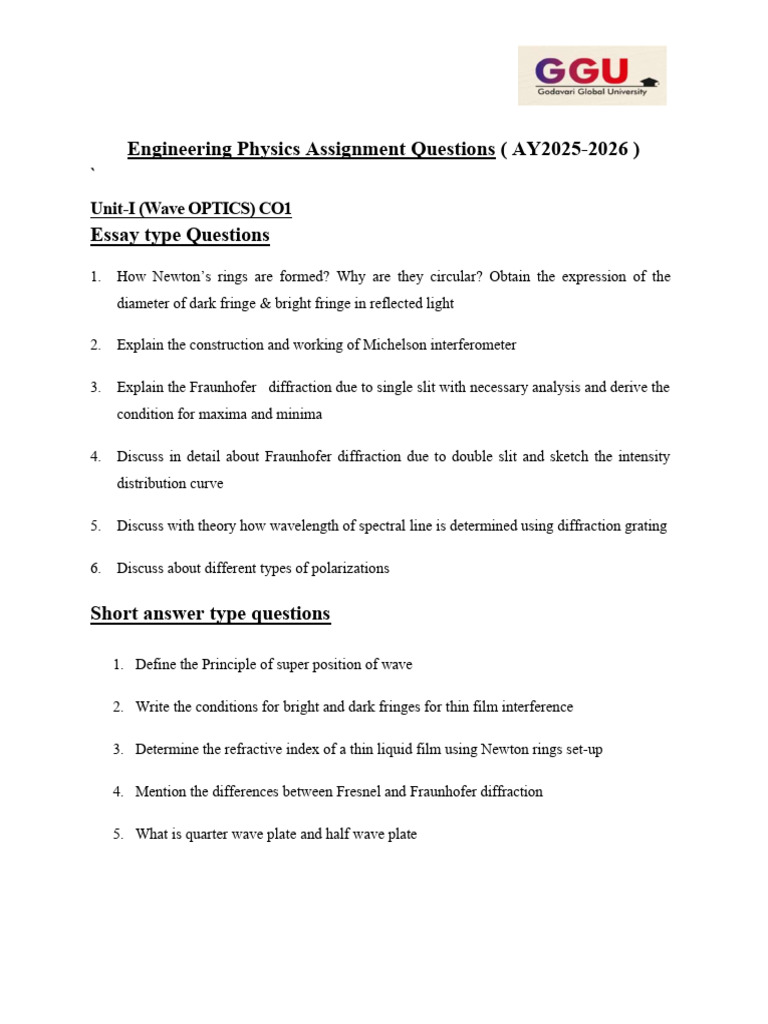 Engineering Physics Assignment-I | PDF