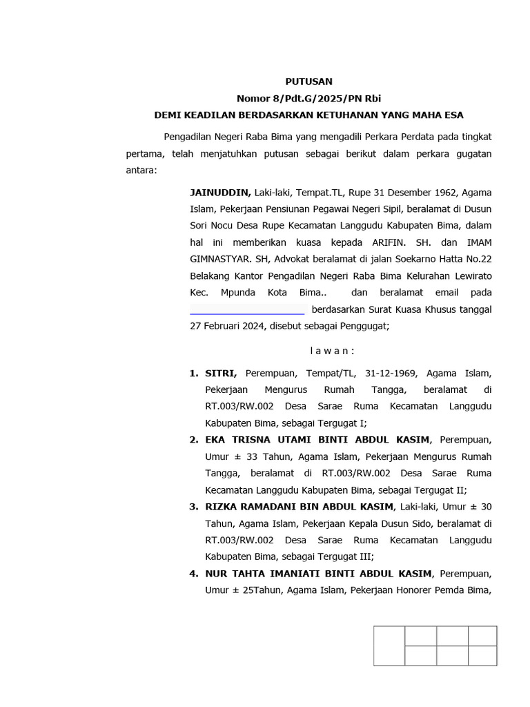 Putusan Perdata Tanah Sengketa Bima | PDF