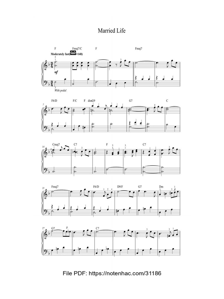 Piano Sheet Music Married Life From Up Level Intermediate | PDF