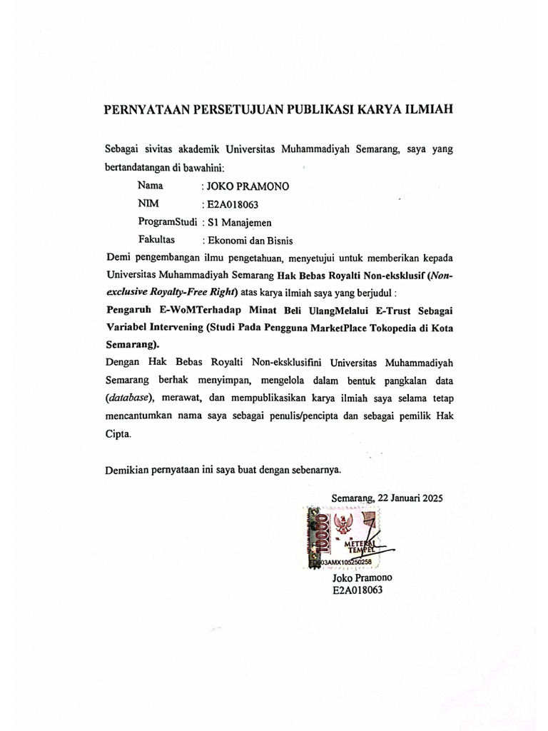Pernyataan Persetujuan Publikasi Karya Ilmiah | PDF