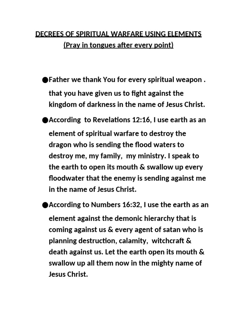 Spiritual Warfare Decrees with Elements | PDF | Spiritual Warfare | Jesus