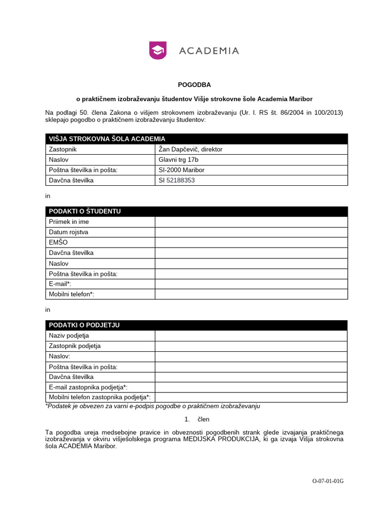 Pogodba o Praktičnem Izobraževanju Medijska Produkcija | PDF