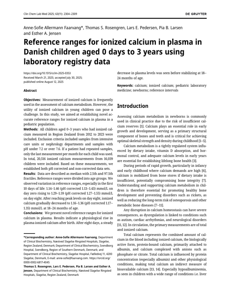 Reference Ranges For Ionized Calcium in Plasma in Danish Children Aged ...