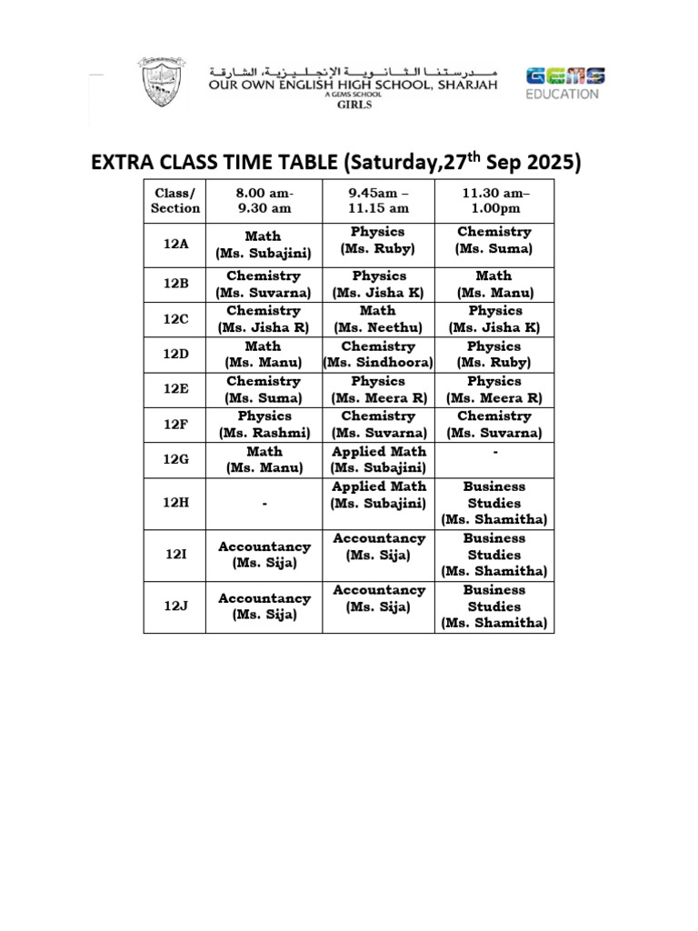 Extra Class Time Table Gr 12 (27th Sep, Saturday) | PDF