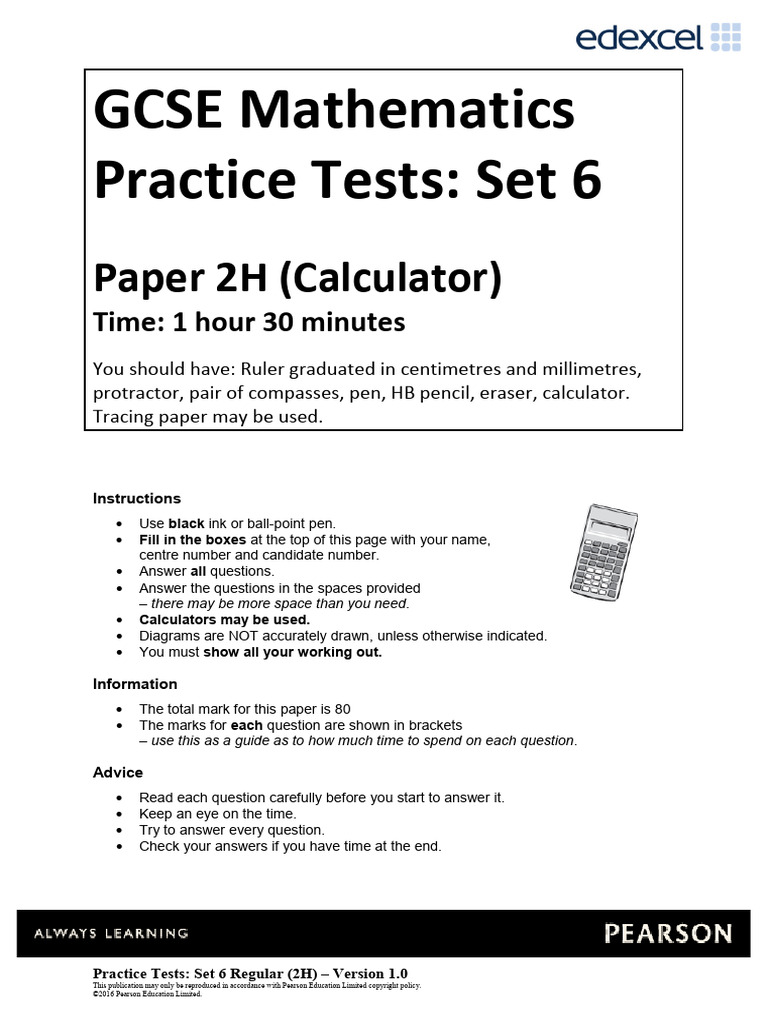 Practice 6 QP - Paper 2 (H) Edexcel Maths GCSE | PDF | Area | Length