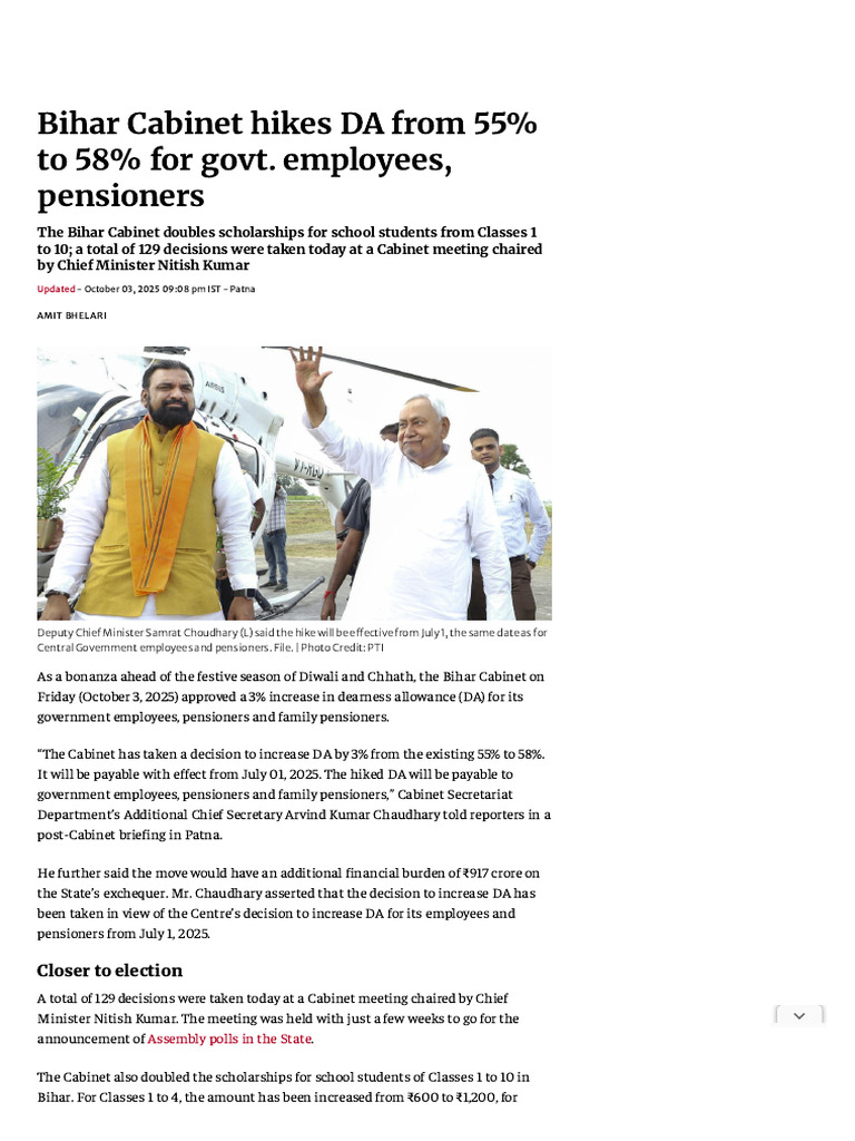 Bihar Cabinet Increases DA to 58% | PDF | Politics Of India