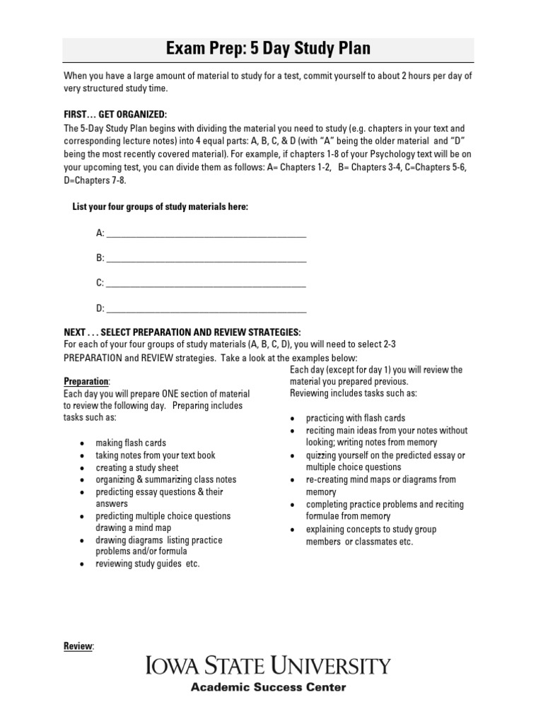 Exam Prep - 5 Day Study Plan | PDF | Behavioural Sciences | Cognitive Science