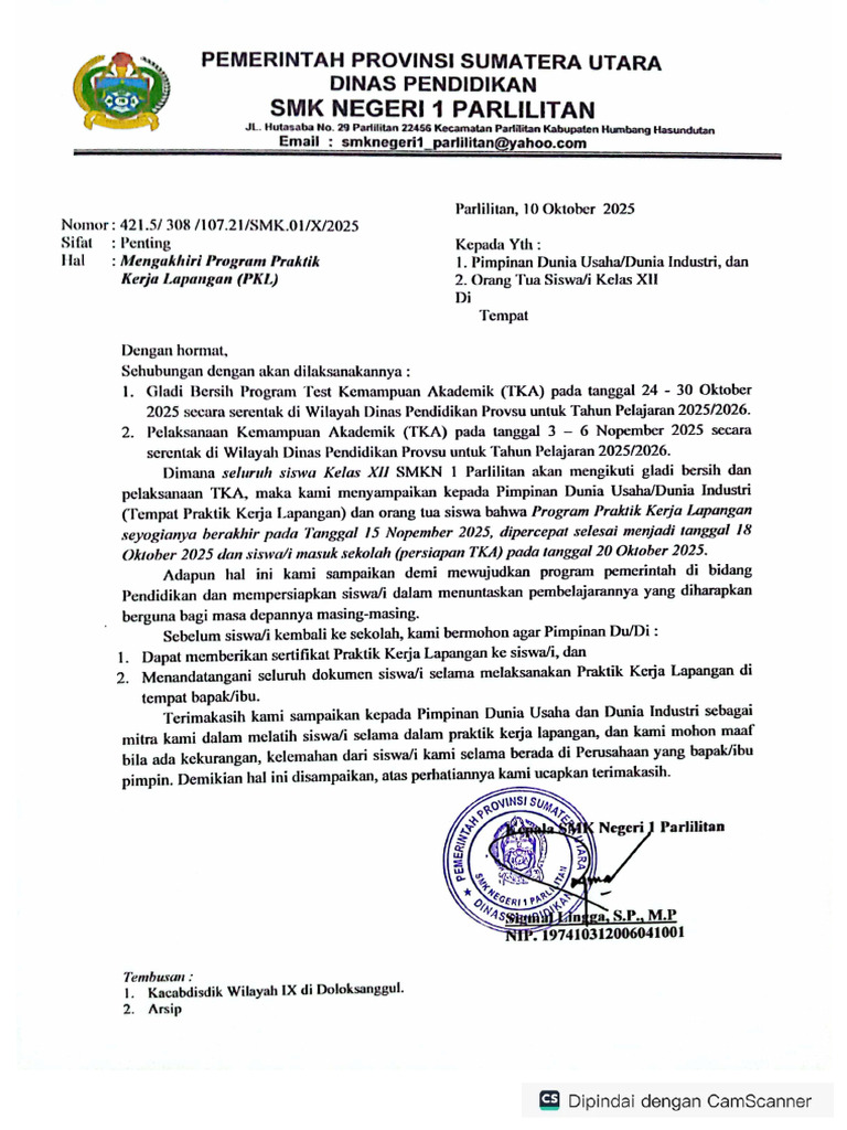 Surat Mengakhiri Program PKL TP 2526 | PDF