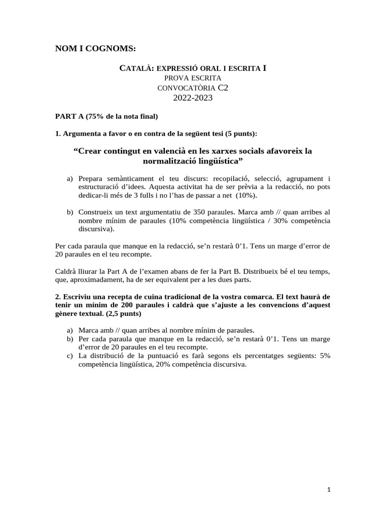 Examen Expressió Oral I Escrita I Examen C2 | PDF