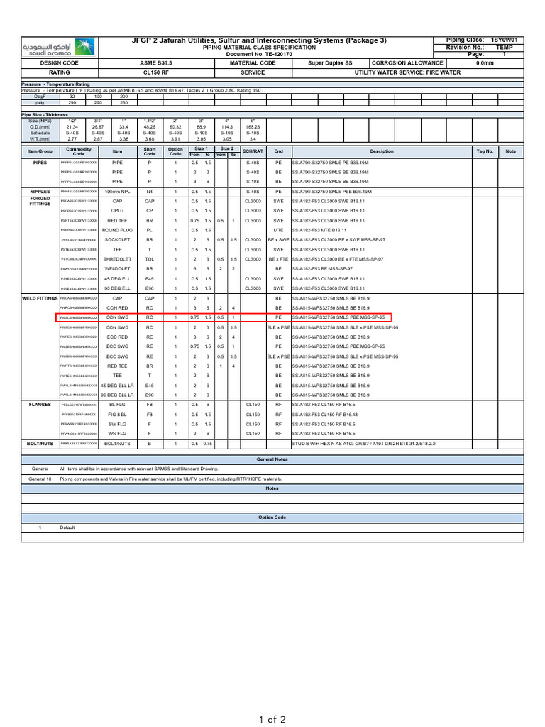 (Sace) 1sy0w01 (Jafurah Piping PMS) | PDF | Pipe (Fluid Conveyance ...