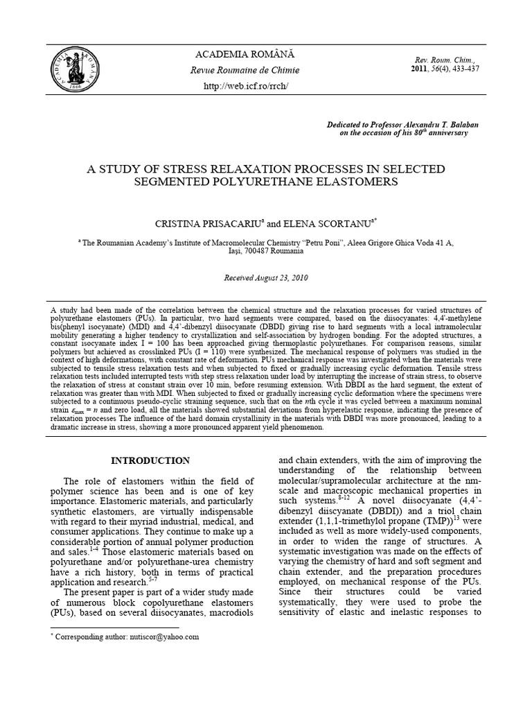 Stress Relaxation in Polyurethane Elastomers | PDF | Deformation ...