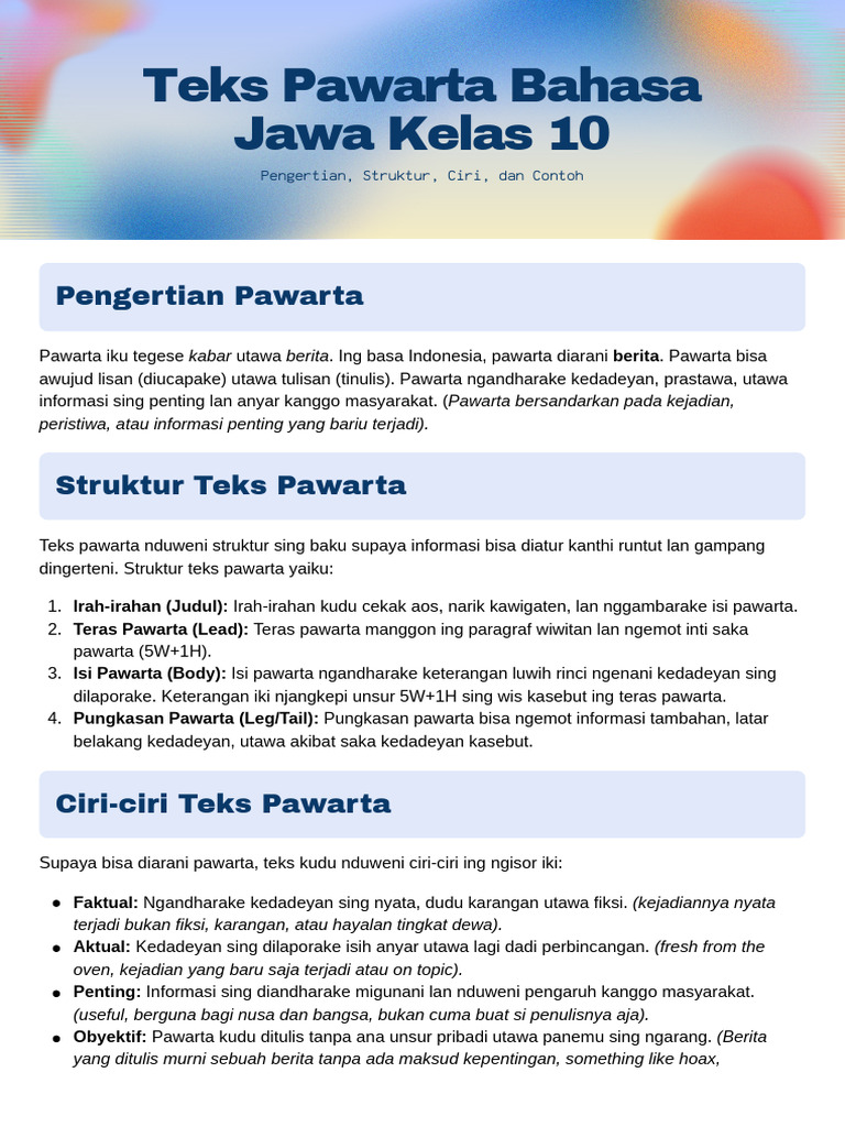 Struktur dan Ciri Teks Pawarta Kelas 10 | PDF