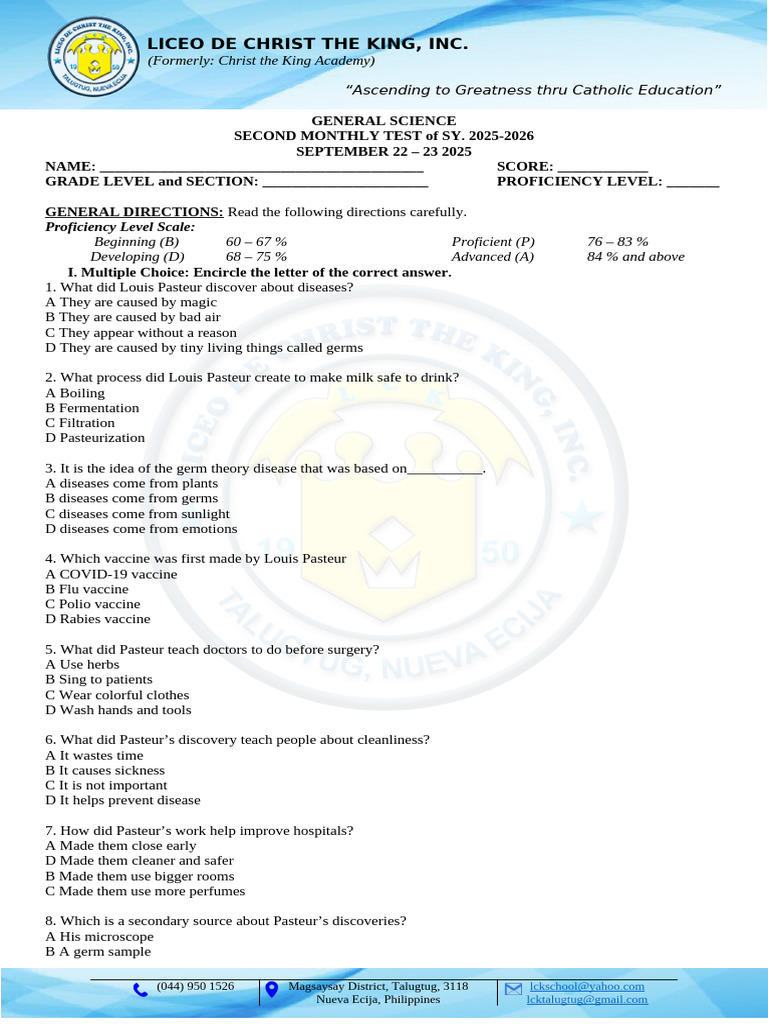 General Science Monthly Test 2025-2026 | PDF | Louis Pasteur | Chemical ...