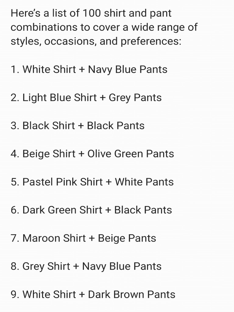 100 Pant Shirt Combinations | PDF