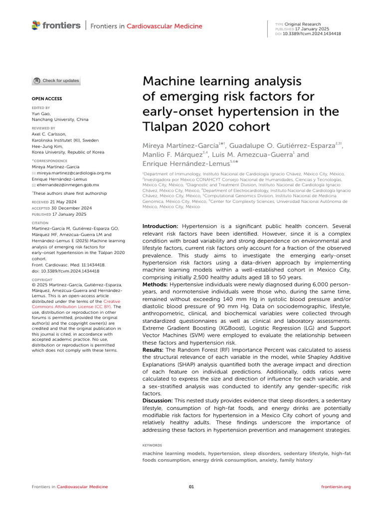 Machine learning analysis of emerging risk factors for early-onset hypertension in the Tlalpan ...