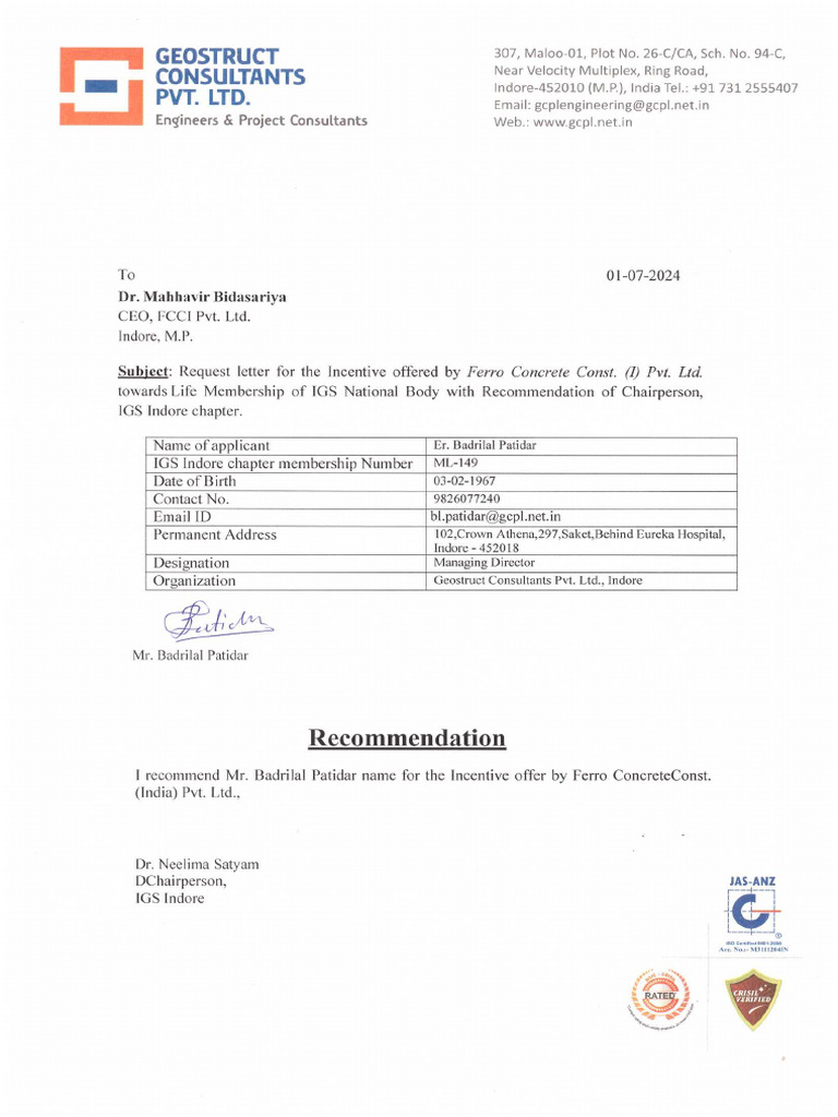 Badrilal Patidar Recommendation Letter | PDF