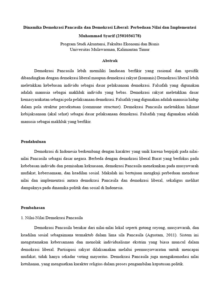 Dinamika Demokrasi Pancasila Dan Demokrasi Liberal: Perbedaan Nilai Dan Implementasi | PDF