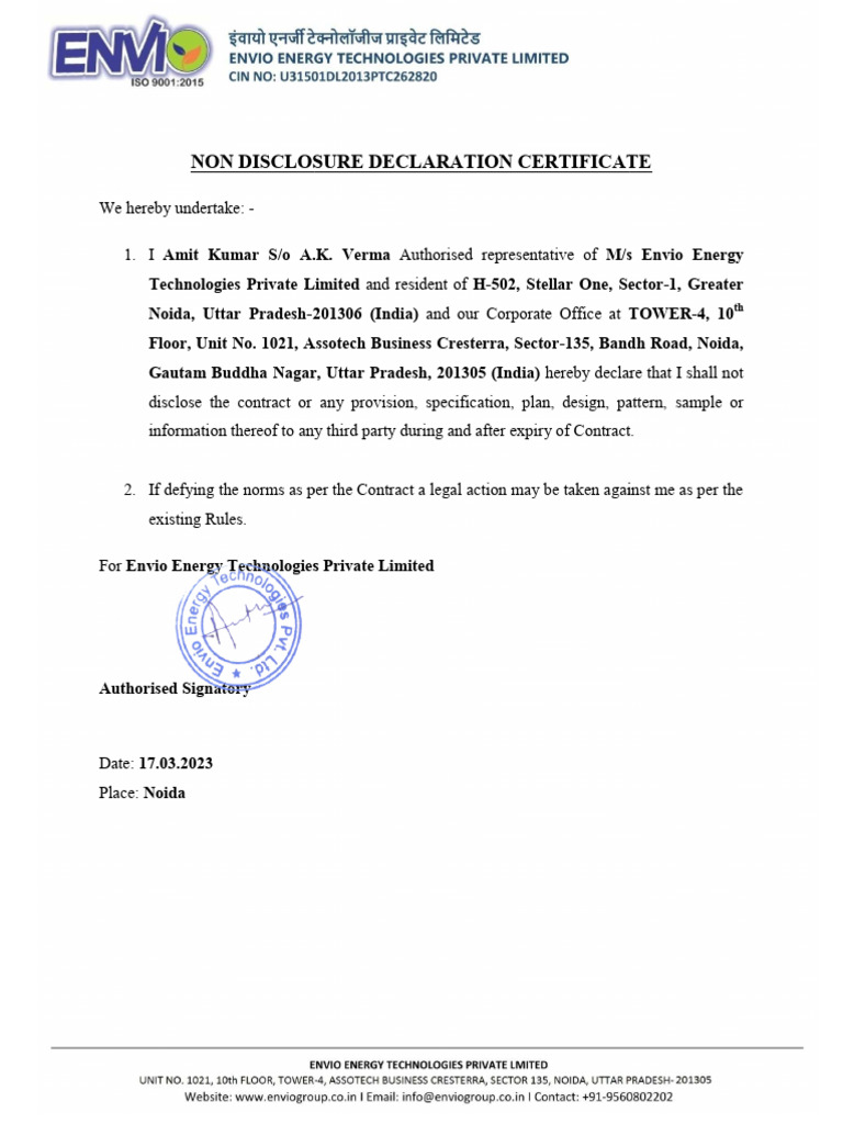Non Disclosure Declaration Certificate | PDF
