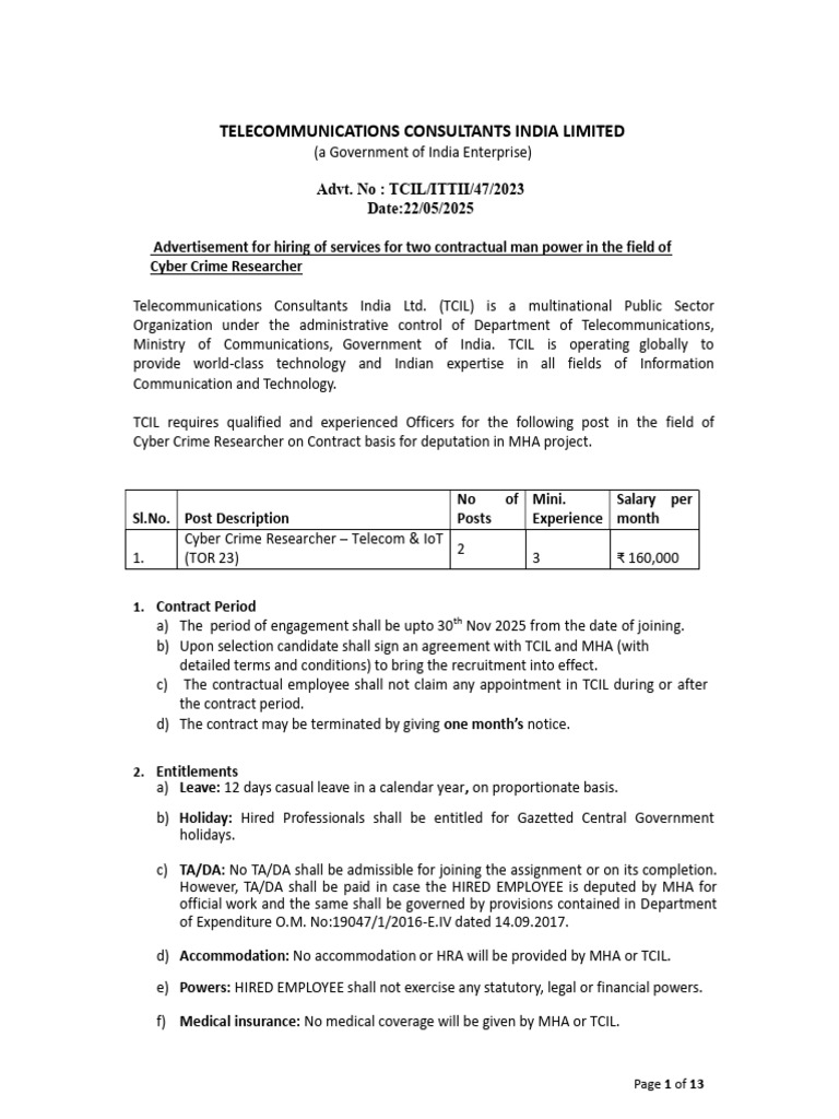Telecommunications Consultants India Limited: Advt. No: TCIL/ITTII/47/ ...