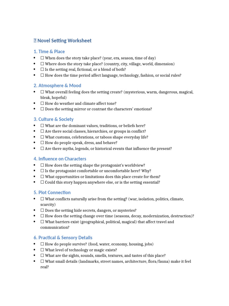 Novel Setting Worksheet | PDF