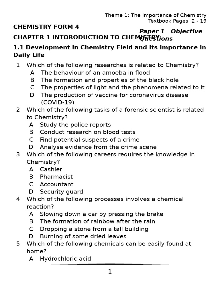 Chemistry Form 4 Chapter 1 Exersice | PDF | Chemistry | Chemical Reactions