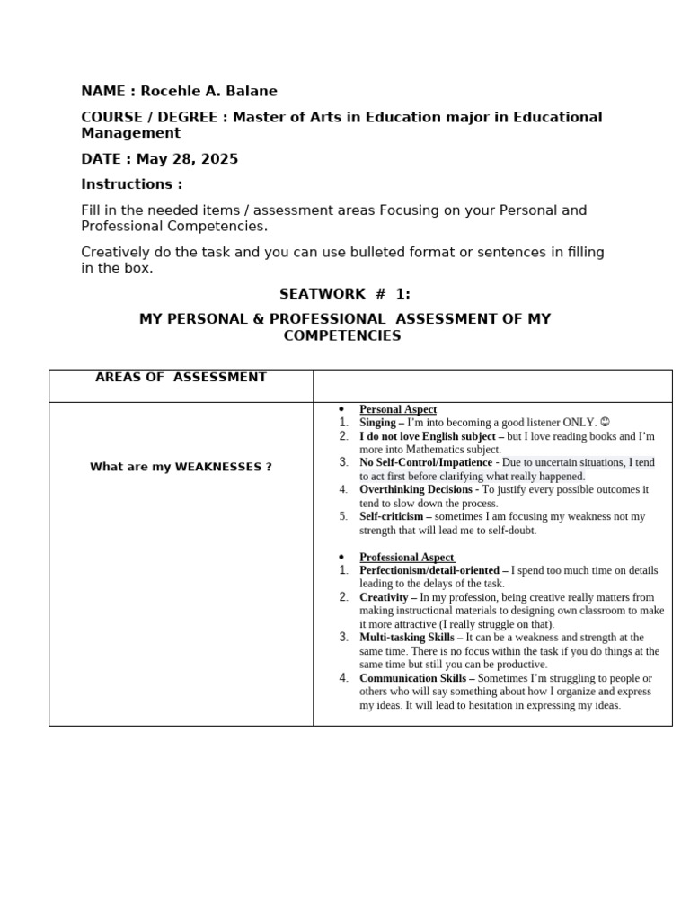 Balane - Sw1 Personal&Professional Assessment | PDF | Psychological ...