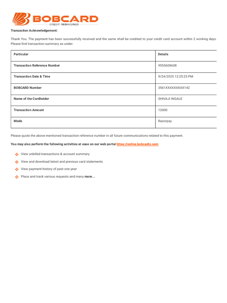 BOB Credit Card Payment Slip | PDF
