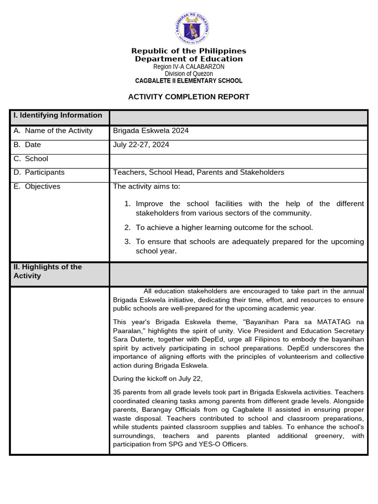 Brigada Eskwela 2024 Completion Report | PDF | Teachers | Volunteering