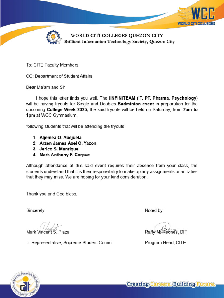Excuse Letter Badminton Tryouts | PDF