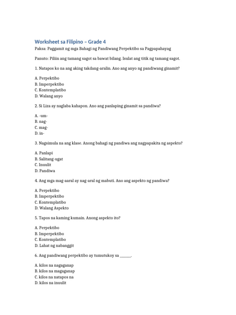 Worksheet Pandiwang Perpektibo Grade4 | PDF