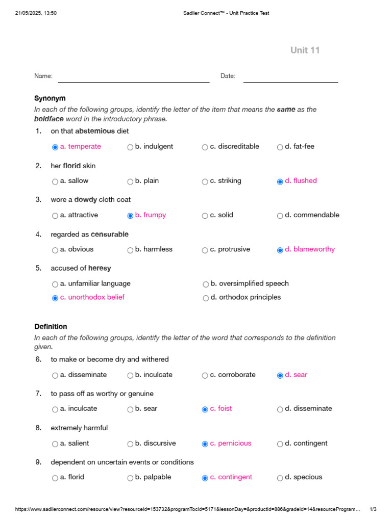 Sadlier Connect Unit 11 Vocabulary Test | PDF
