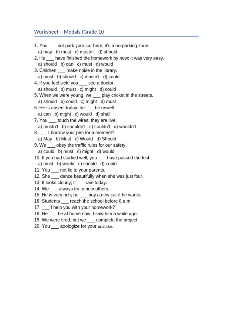 Grade10 Modals Worksheet | PDF