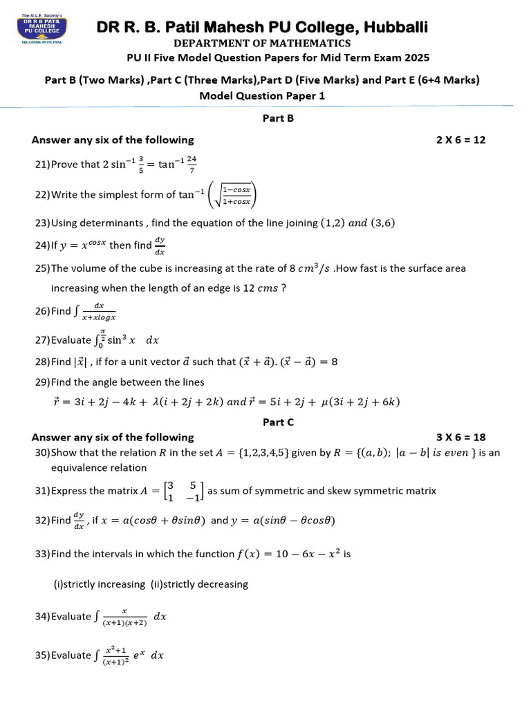 PU II Model Question Papers For Mid Term Exam 2025-26.. | PDF ...